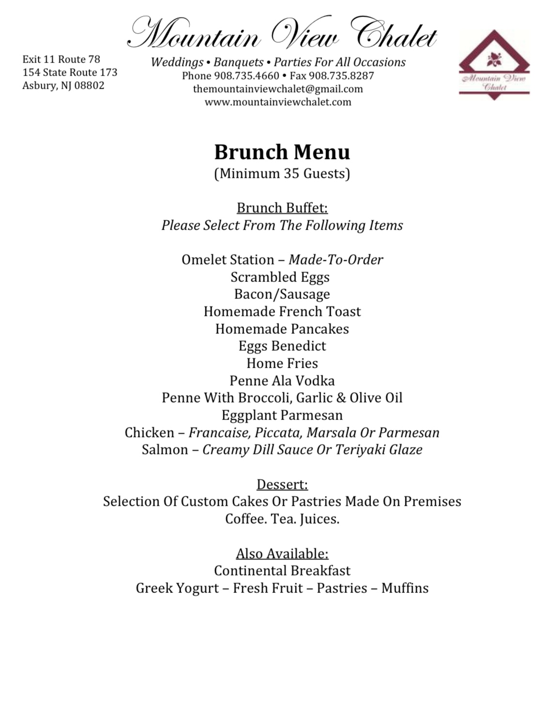 Event Menus – Mountain View Chalet